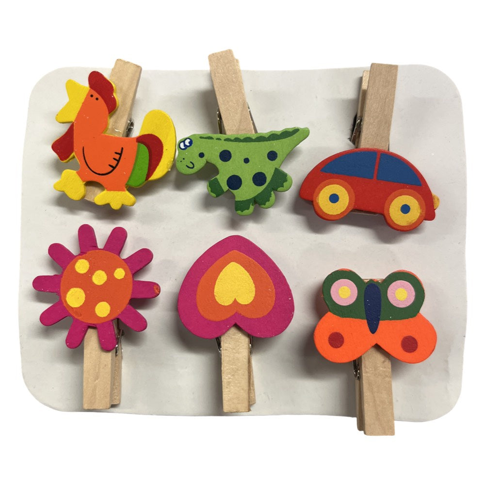 Wooden Peg Clips - Assorted Designs (6 pieces)